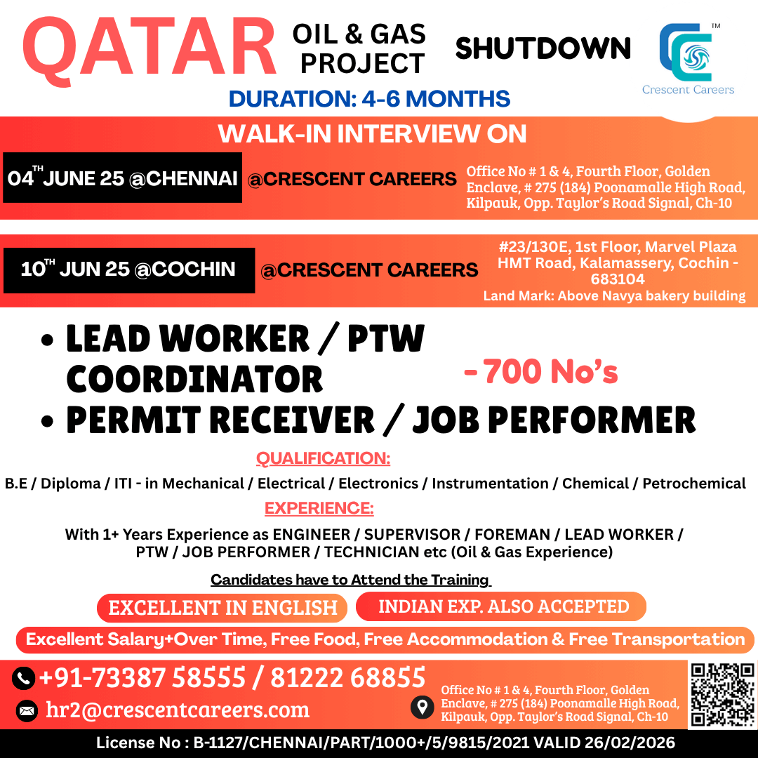 WALK-IN INTERVIEW ON 04th JUN 2025 @CHENNAI & 10th JUN 2025 @COCHIN